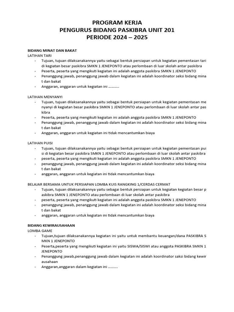 Program Kerja Pengurus Bidang | PDF
