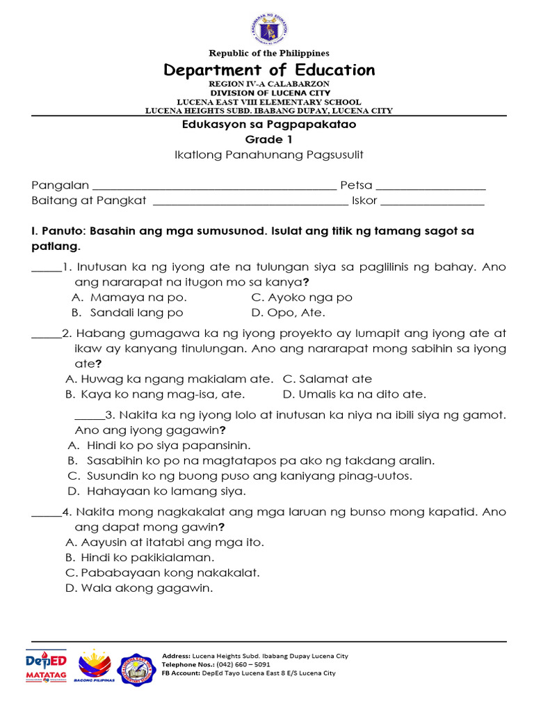 Grade 1 TQ EsP 3rd Q 2023 With Matatag | PDF