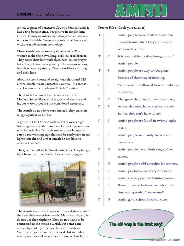 Amish Reading Comprehension | PDF