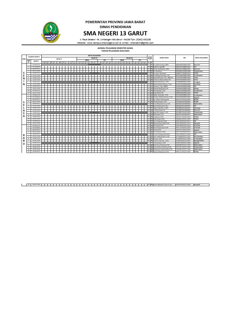 Jadwal Pelajaran SMA 2023/2024 | PDF