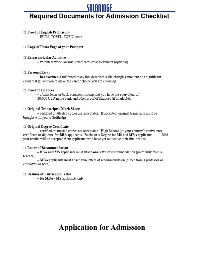 Admission Document Checklist for SolBridge | PDF | Travel Visa | Master ...