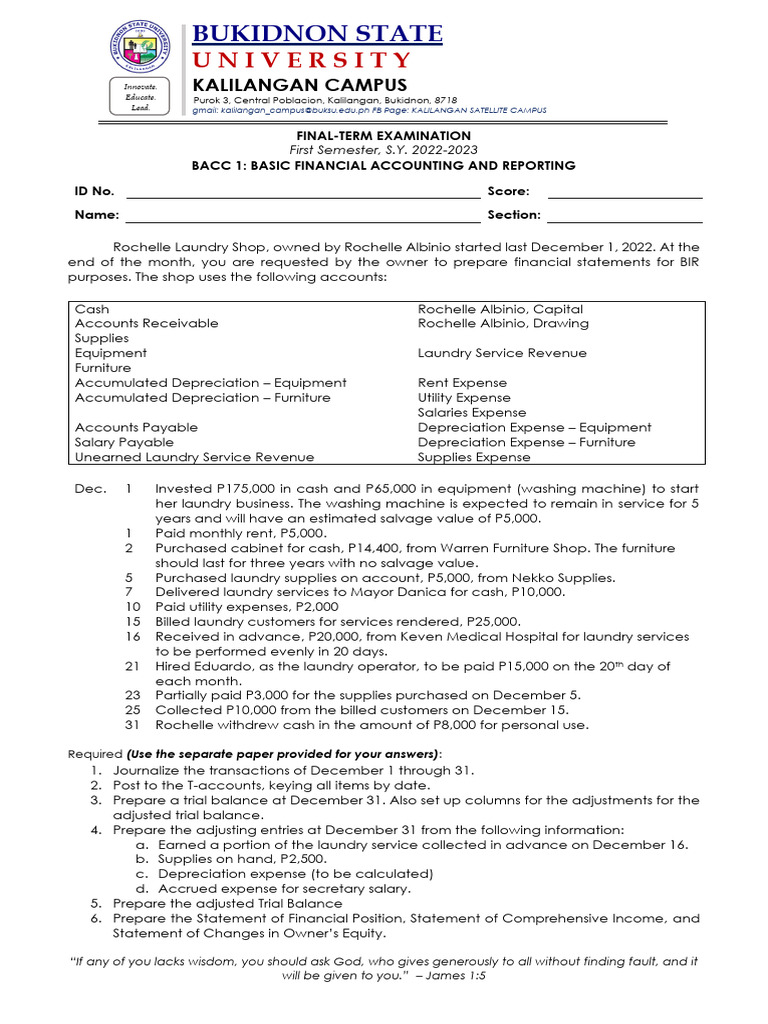 FINAL Exam BACC 1 Answer Sheet | PDF | Expense | Depreciation