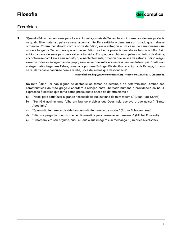 VOD-filosofia-Exercícios Sobre Mitologia e Filosofia-2021 | PDF | Mitologia grega | Édipo