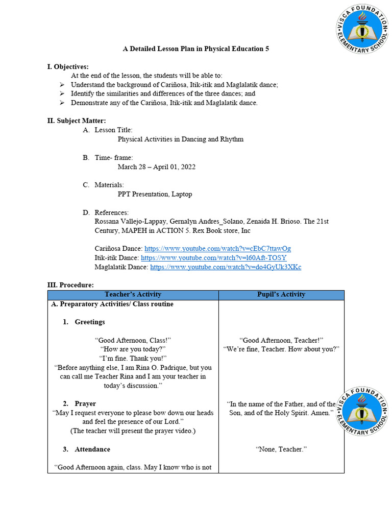 A Detailed Lesson Plan PE5 | PDF | Dances