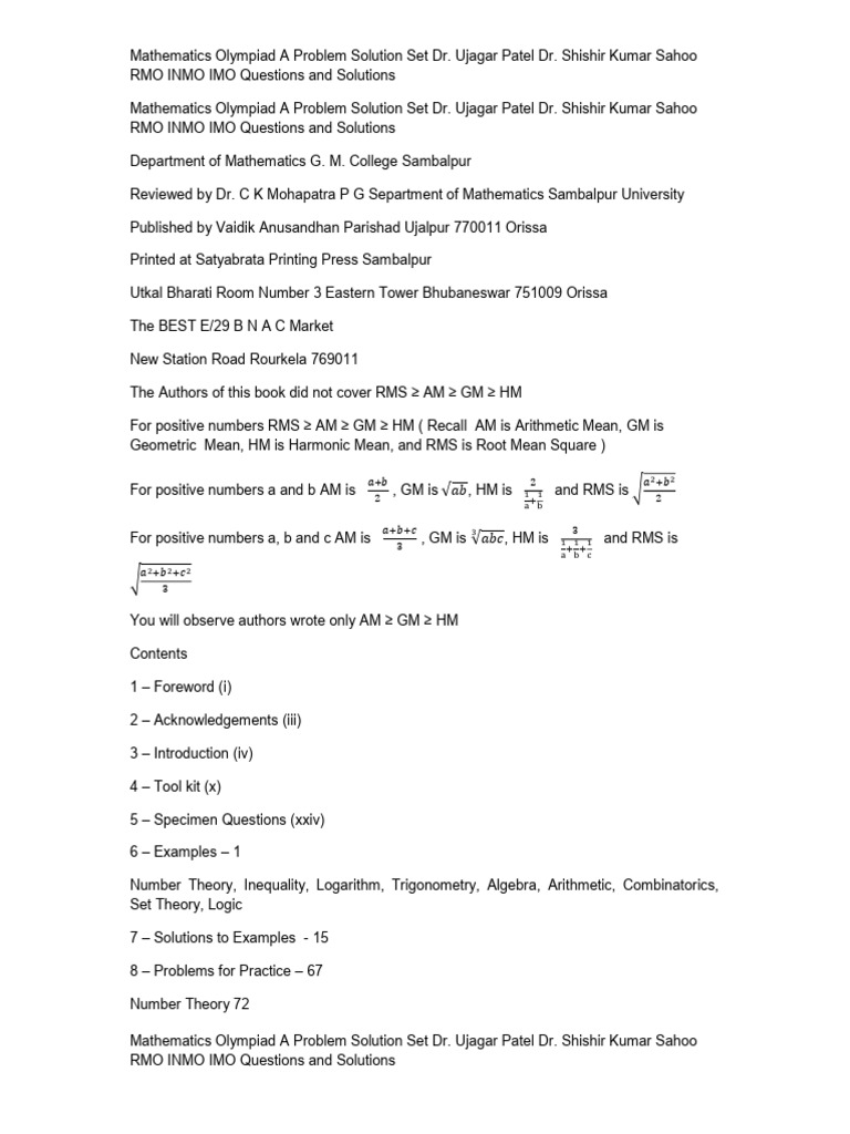 Mathematics Olympiad Problem Solutions | PDF | Mean | Combinatorics