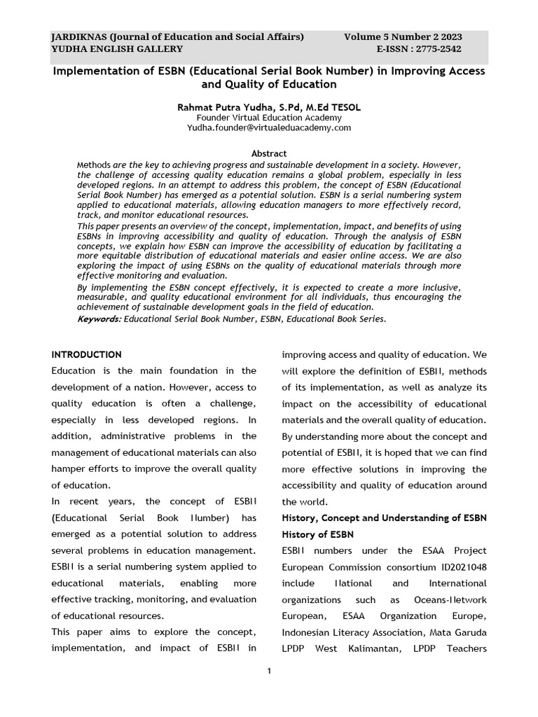 Implementasi ESBN - Educational Serial Book Number Di Dalam Pendidikan ...