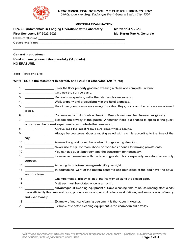 HPC 6 Fundamentals in Lodging Operations With Laboratory Midterm Exam | PDF | Bedding