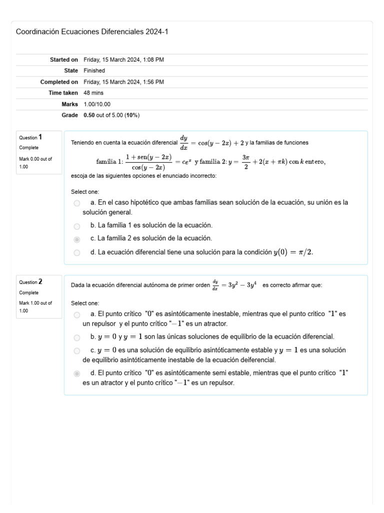 Cuestionario - Ecuaciones Diferenciales Primer Orden | PDF | Ecuaciones | Calculo diferencial