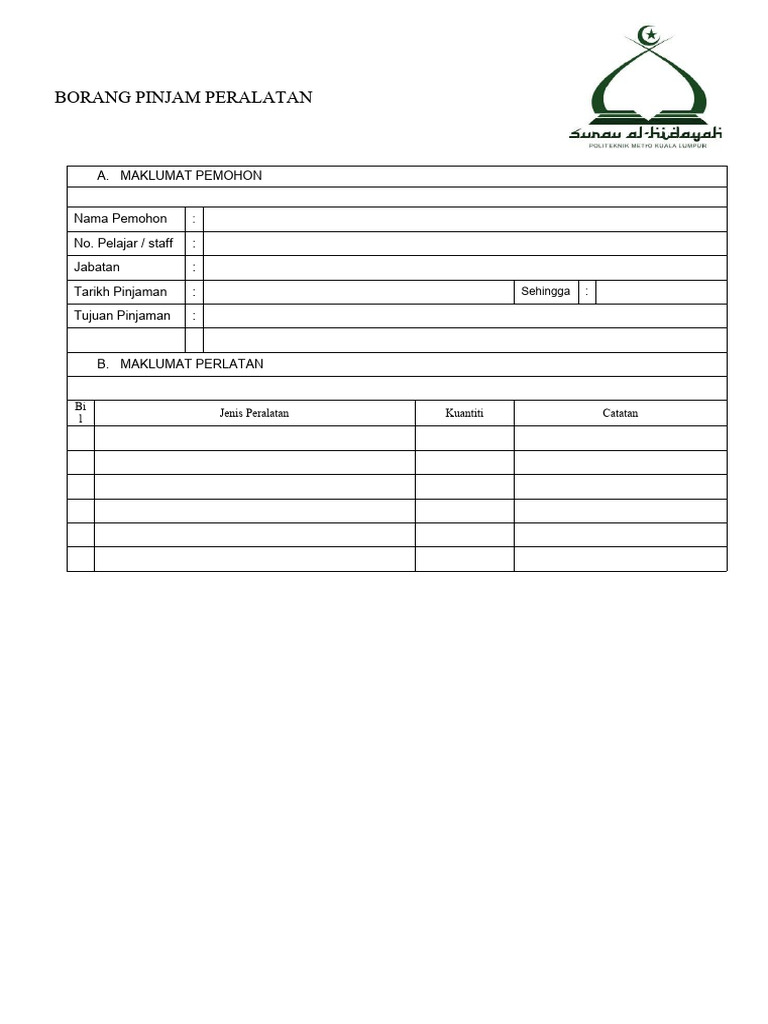 Borang Pinjam Peralatan Surau Pdf