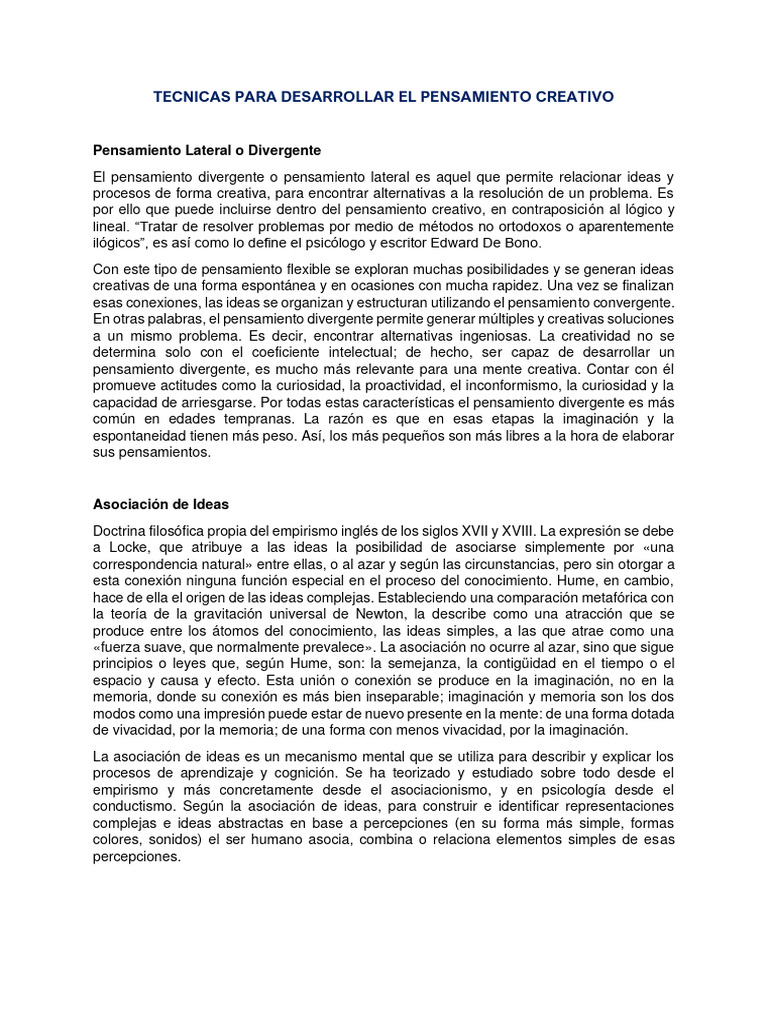 Tecnicas para Desarrollar El Pensamiento Creativo | Descargar gratis PDF | Creatividad | Pensamiento