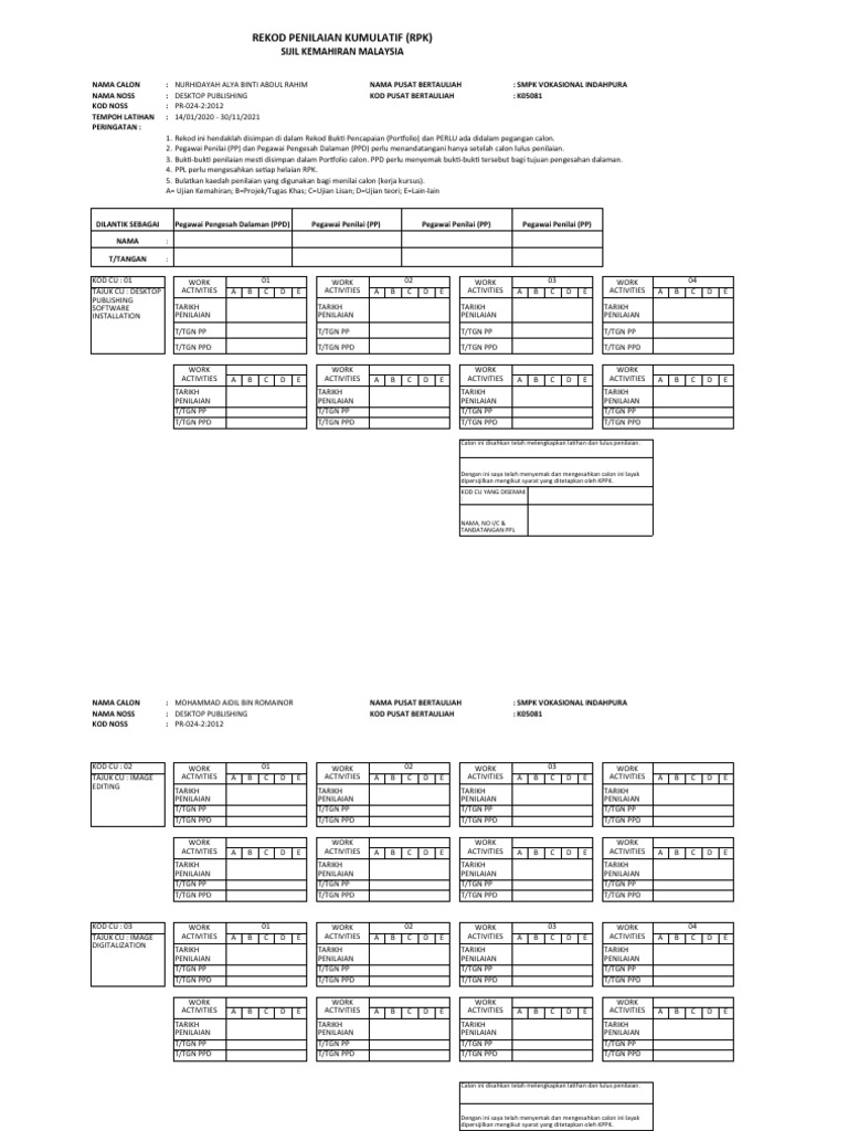 Rekod Penilaian Kumulatif (RPK) | PDF | Teknologi & Rekayasa