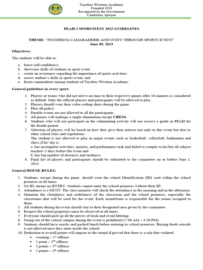 PEAH2 Guidelines of Sportsfest | PDF | Competitive Games | Board Games