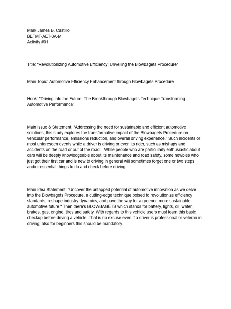 Blowbagets Procedure for Automotive Efficiency | PDF | Electric Vehicle ...