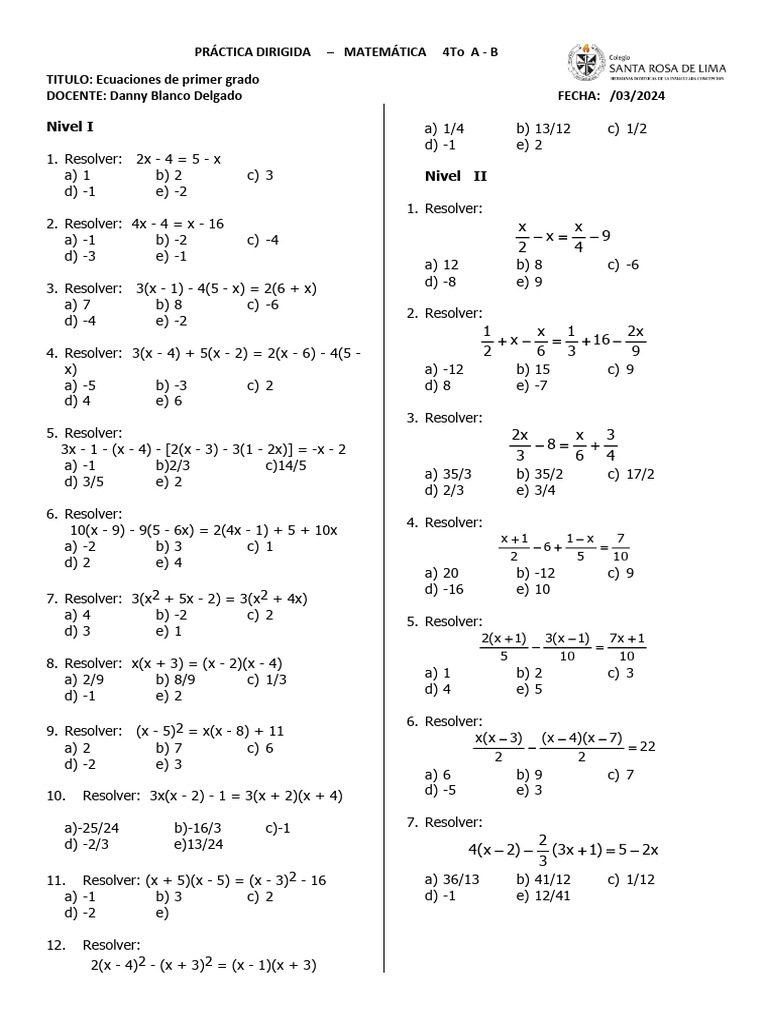Practica Dirigida 4to Sec Ecuaciones de Primer Grado | PDF