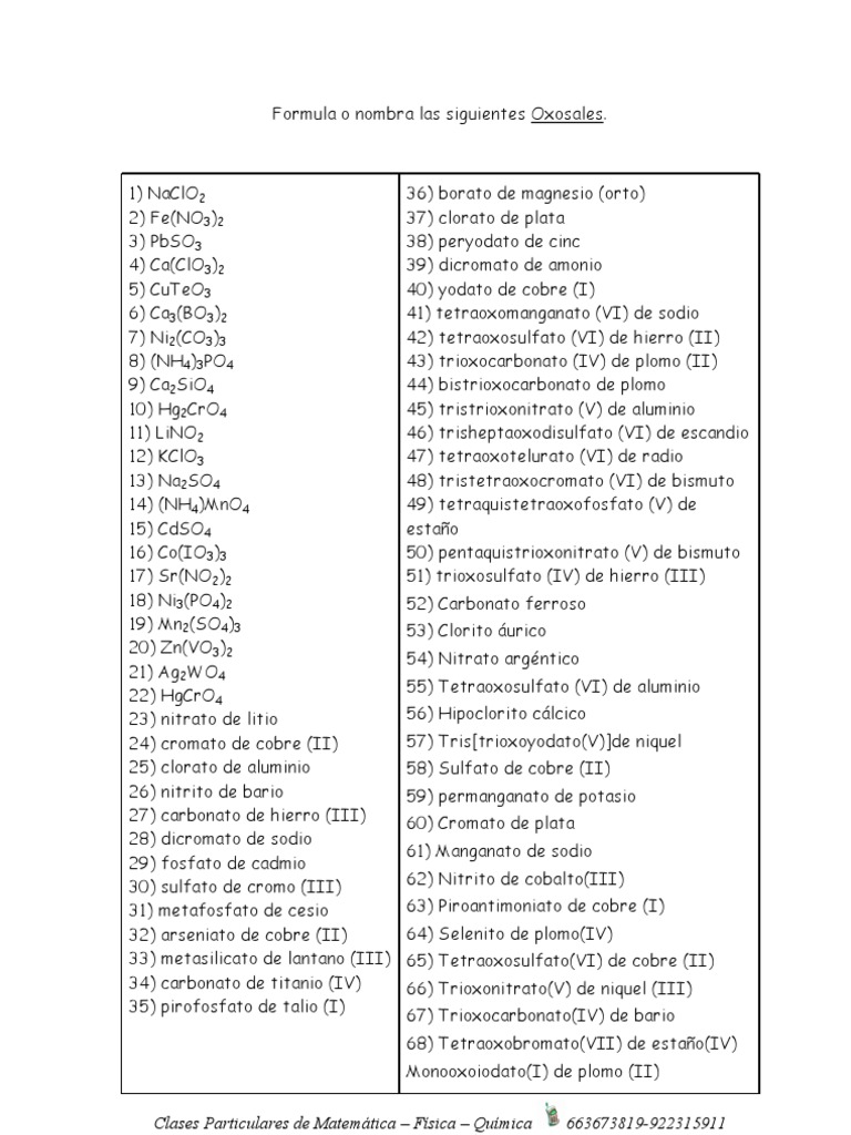Ejercicios de Oxosales (Formulación Inorgánica) | PDF | Ciencia y ...