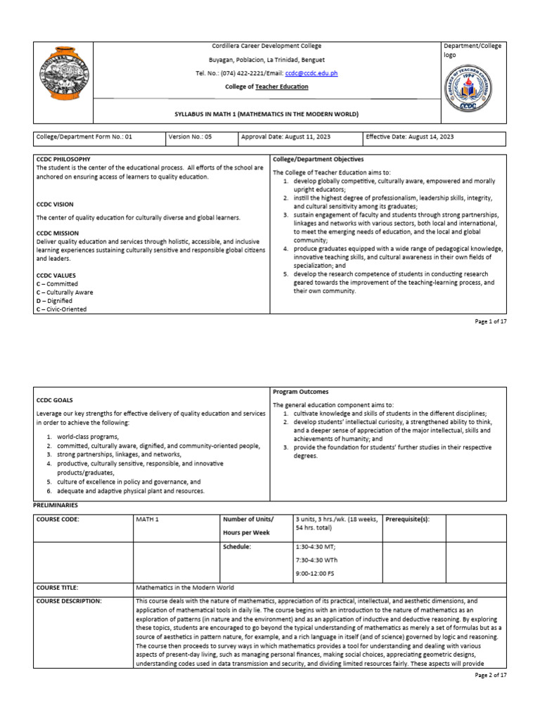 Math 1 Syllabus | PDF | Statistics | Mathematics