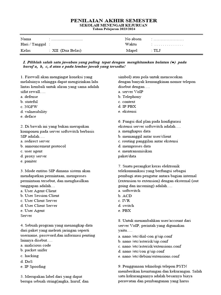 TLJ Soal PTS Kelas Xii Tahun 2024 | PDF