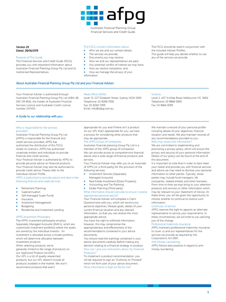 Financial Services Guide - AFPG 2019 | PDF | Financial Adviser | Dividend
