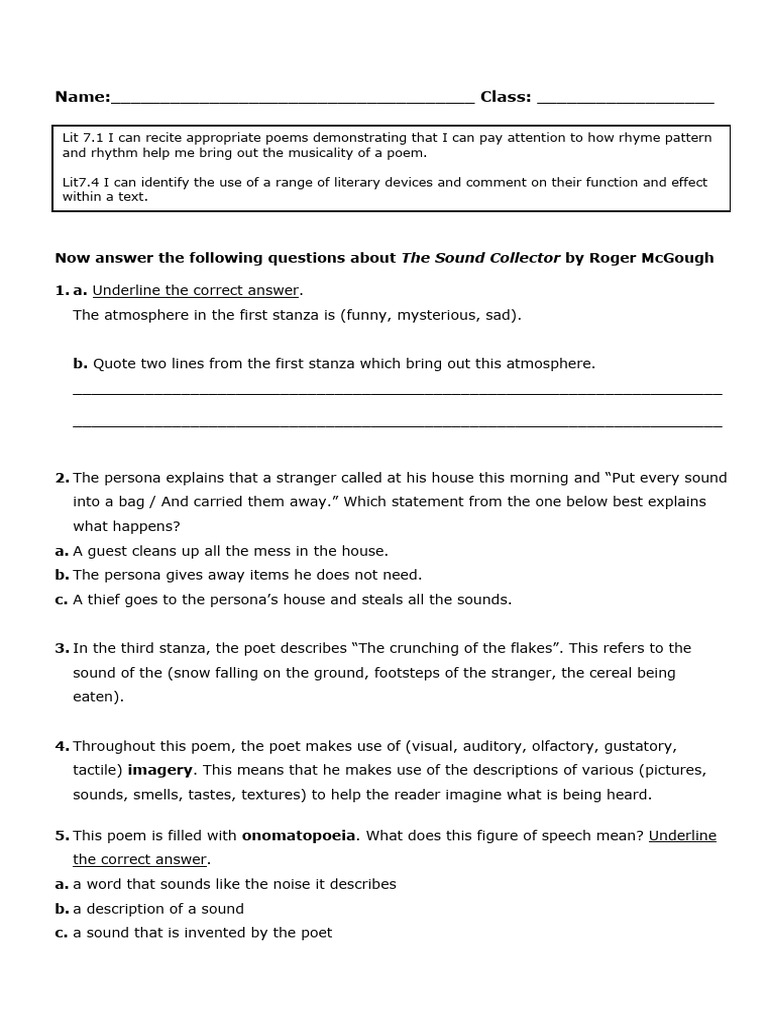 The Sound Collector Worksheet | PDF | Sound | Poetry