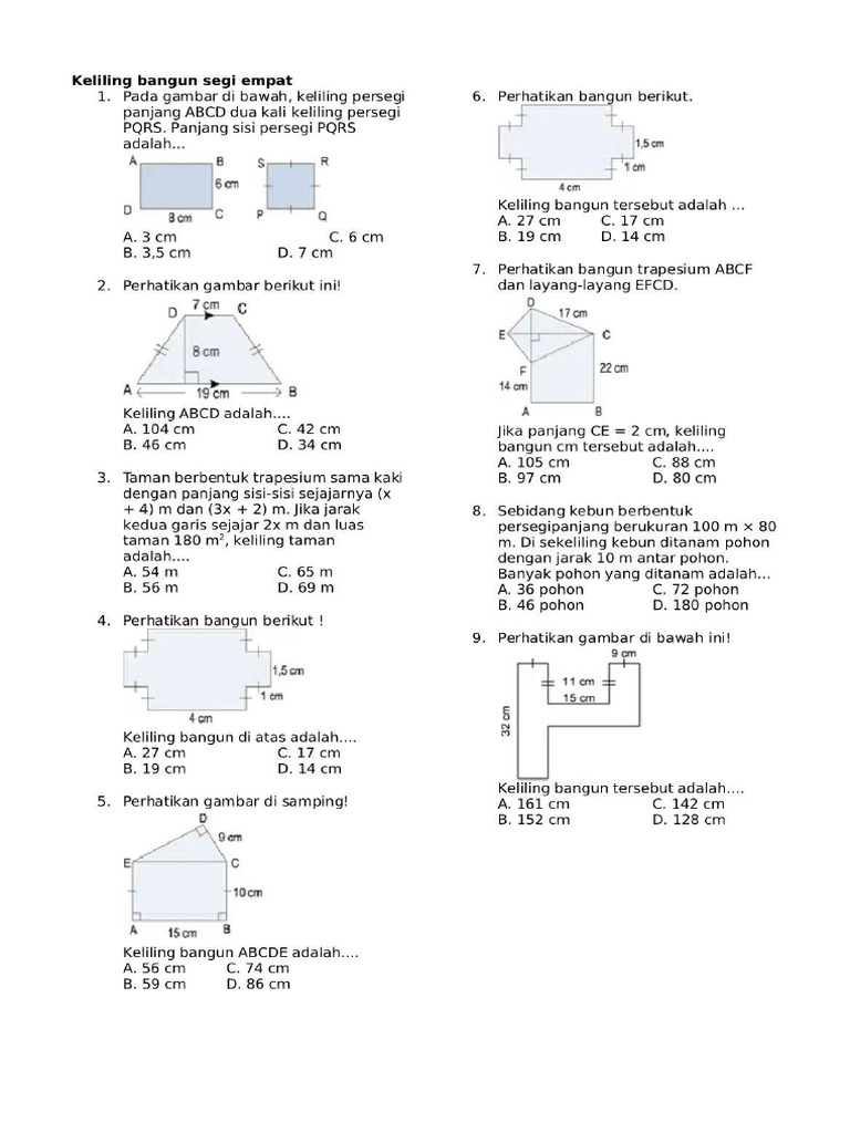 Latihan Soal Keliling Dan Luas Bangun Segi Empat | PDF