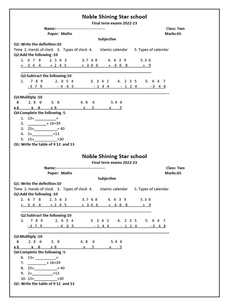Grade 2 Maths Exam Paper 2022-23 | PDF