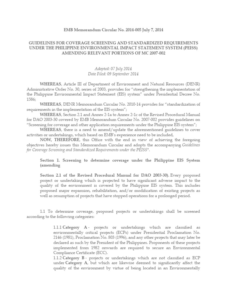 EMB Guidelines for EIS Coverage Screening | PDF | Environmental Impact ...