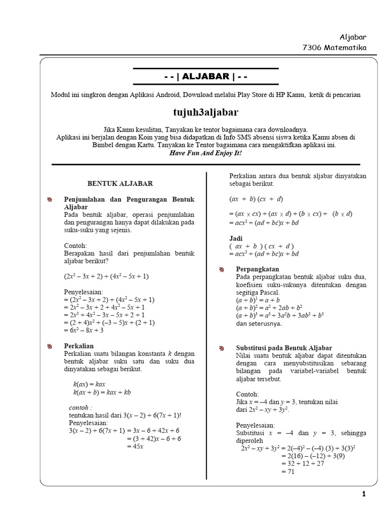 Modul Aljabar untuk Siswa Bimbel | PDF