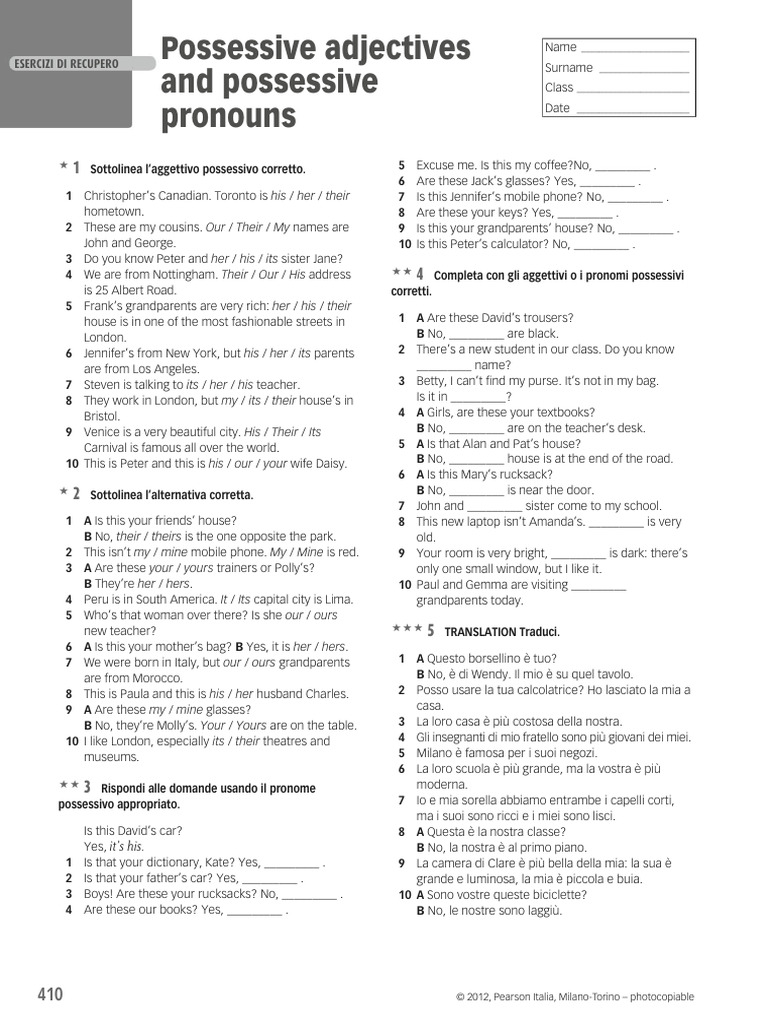 SSSG INGLESE Possessive Adjectives and Possessive Pronouns | Download ...