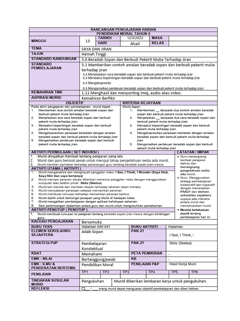 RPH Minggu 13 Pendidikan Moral THN 4 2023 by Cikgu Gorgeous | PDF