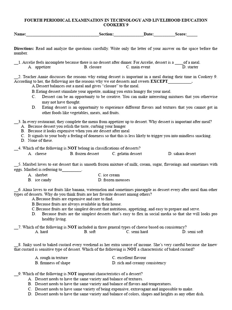 Cookery 9 Exam 4TH | PDF | Desserts | Custard