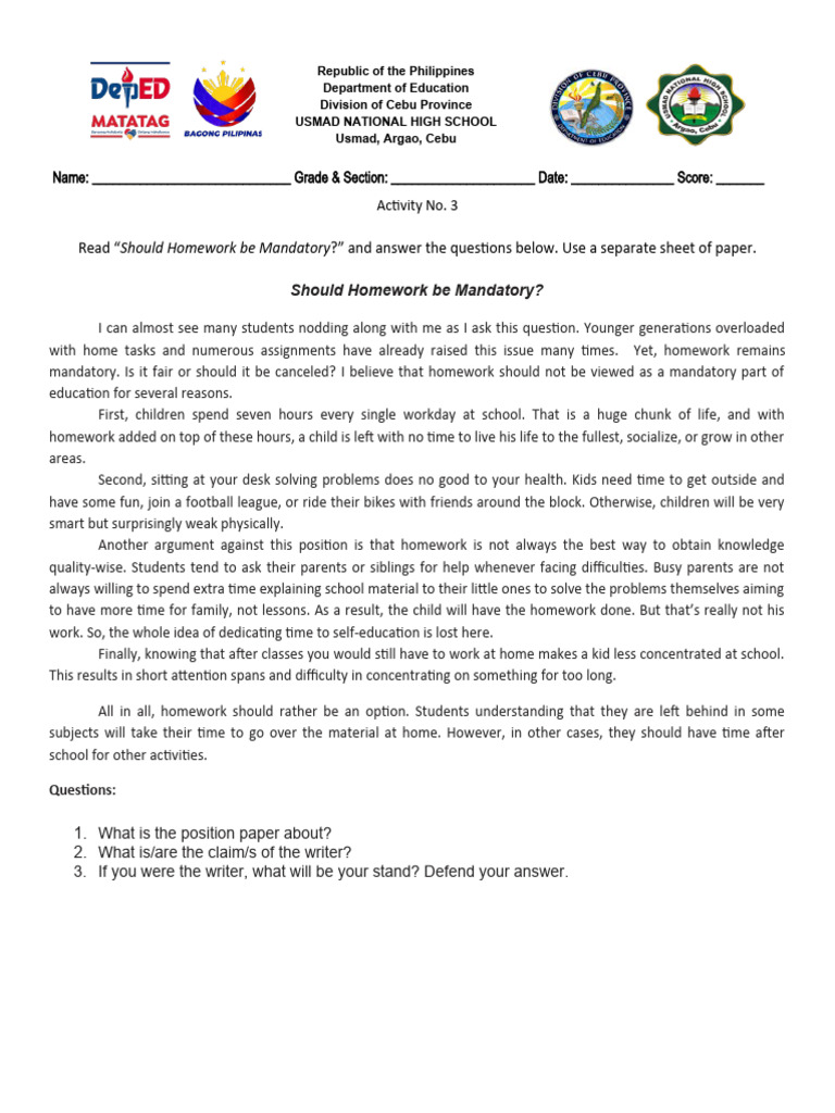 Activity 3 - Defending A Stand | PDF | Homework | Cognition