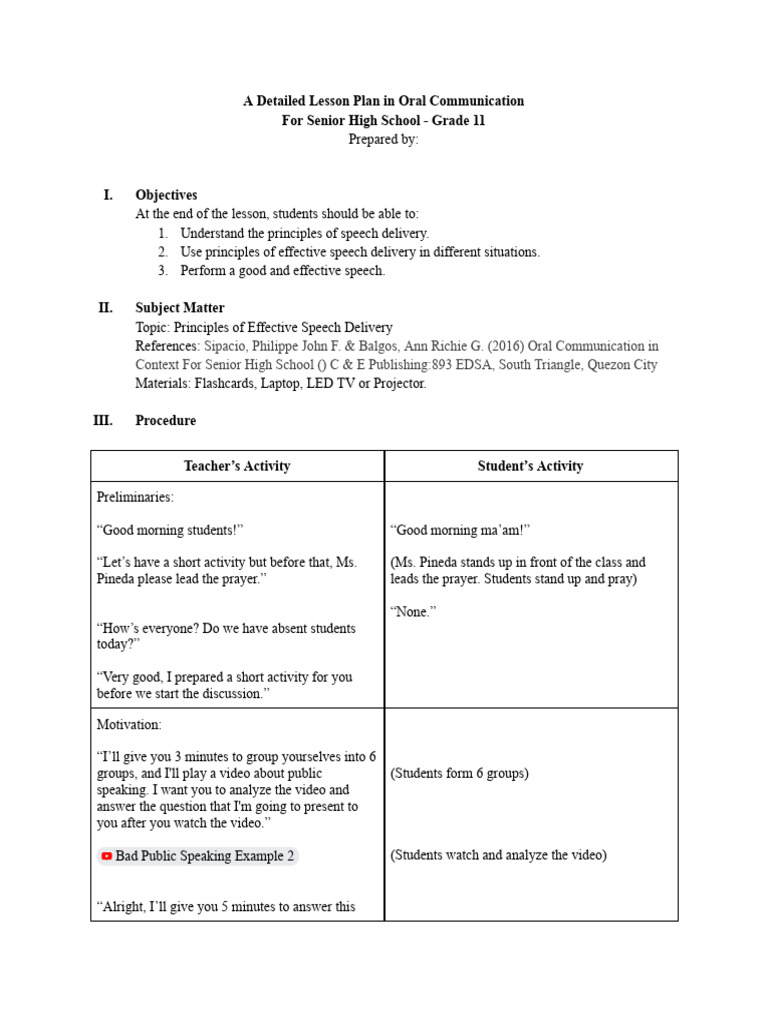 A Detailed Lesson Plan in Oral Communication | PDF | Gesture | Public ...
