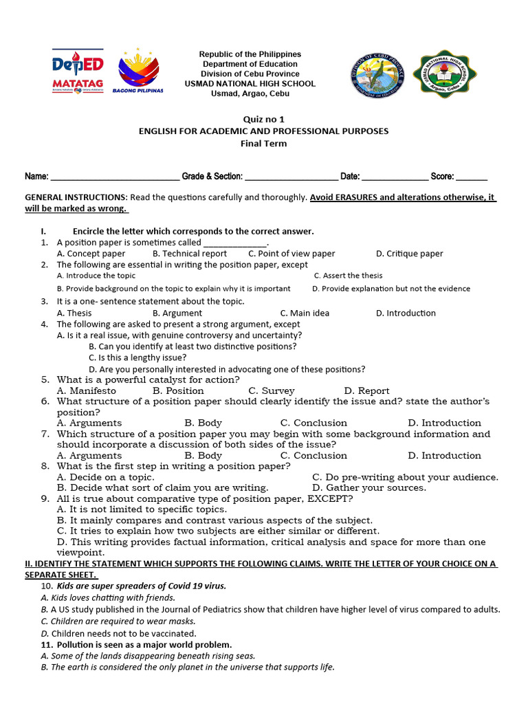 Quiz No 1 EAAP Final Term WITHOUT ANSWER KEY | PDF | Water