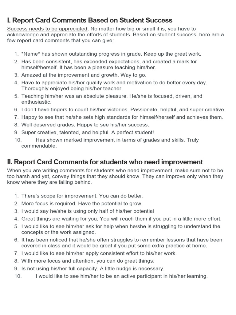 Comments For Report Card | PDF | Teachers | Classroom