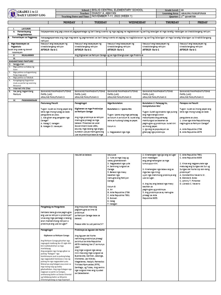 DLL - Araling Panlipunan 3 - Q2 - W1 | PDF