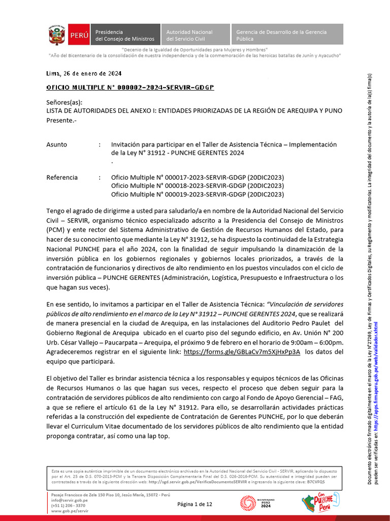 Oficio Multiple 000002 2024 Servir Gdgp Pdf Alcalde Perú