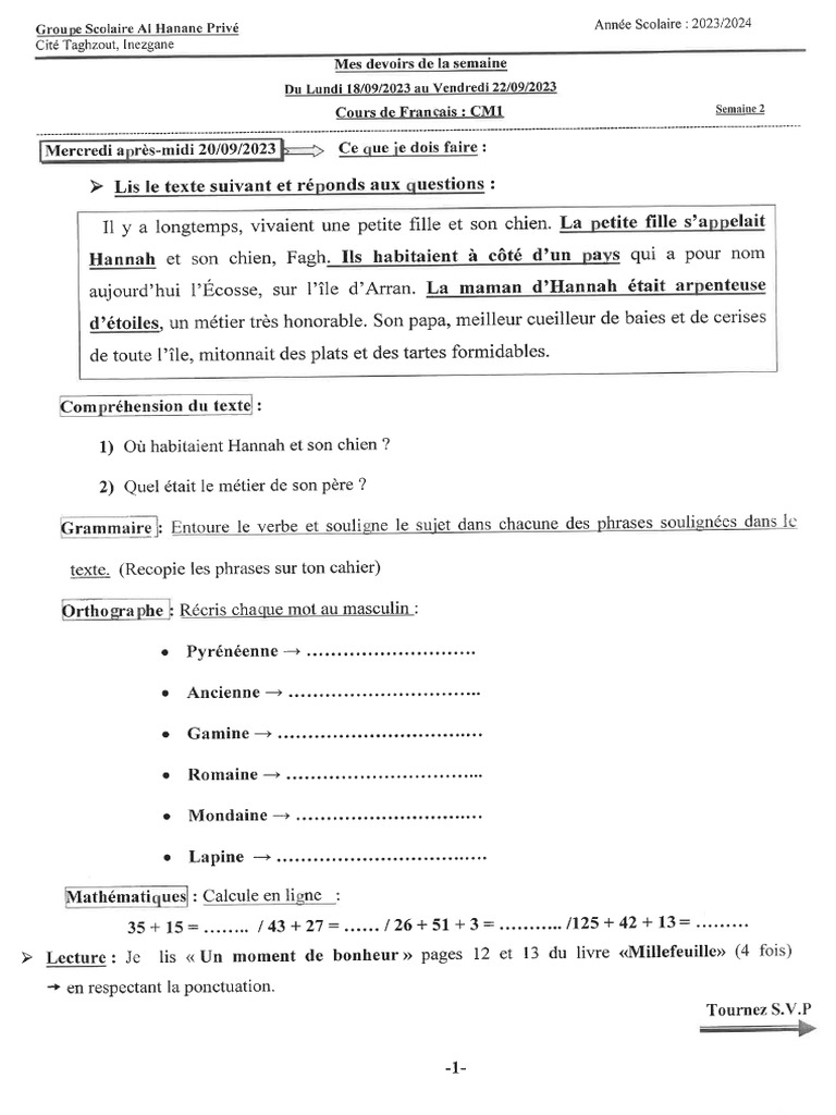 2218 Devoir FR CM1 | PDF