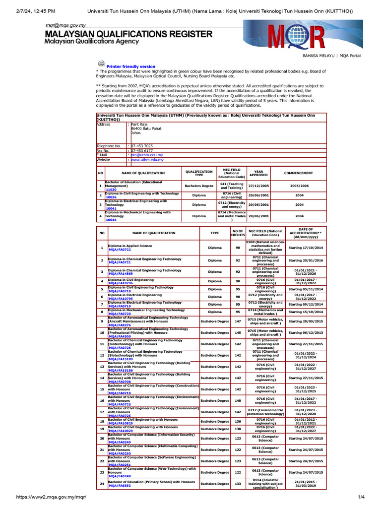 UTHM Accredited Programs Guide | PDF | Engineering | Physical Sciences