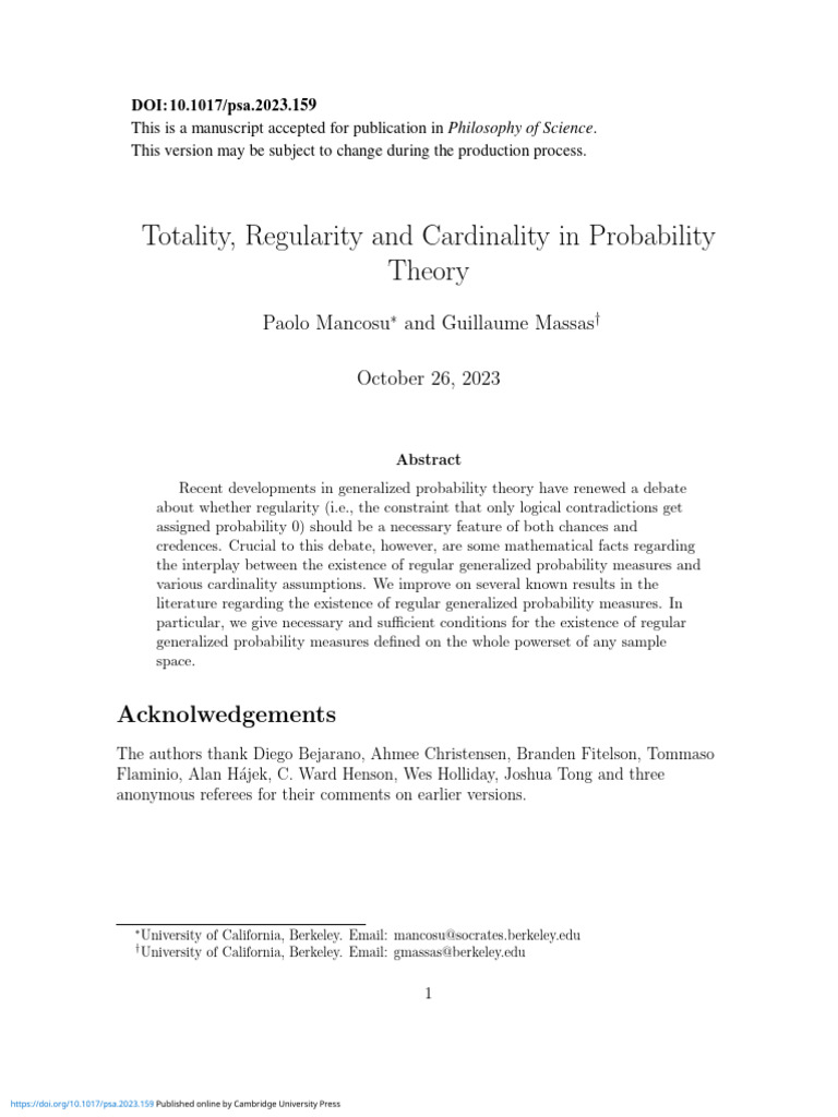 Totality Regularity and Cardinality in Probability Theory | PDF ...