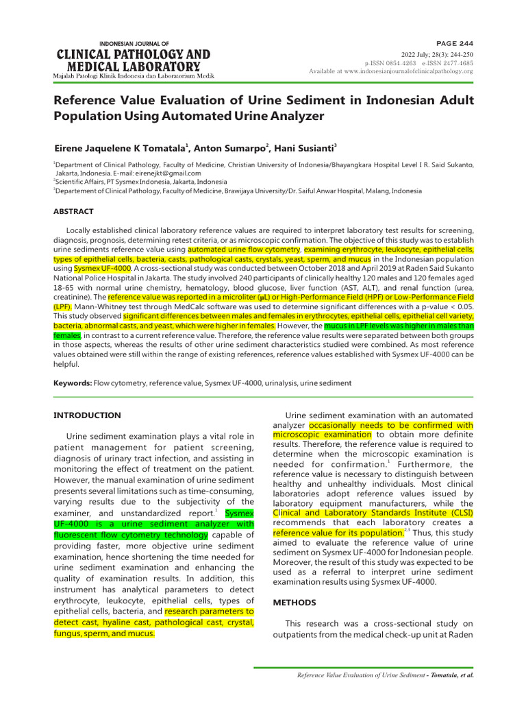 Reference Value Evaluation of Urine Sediment in Indonesian Adult Population Using Automated ...
