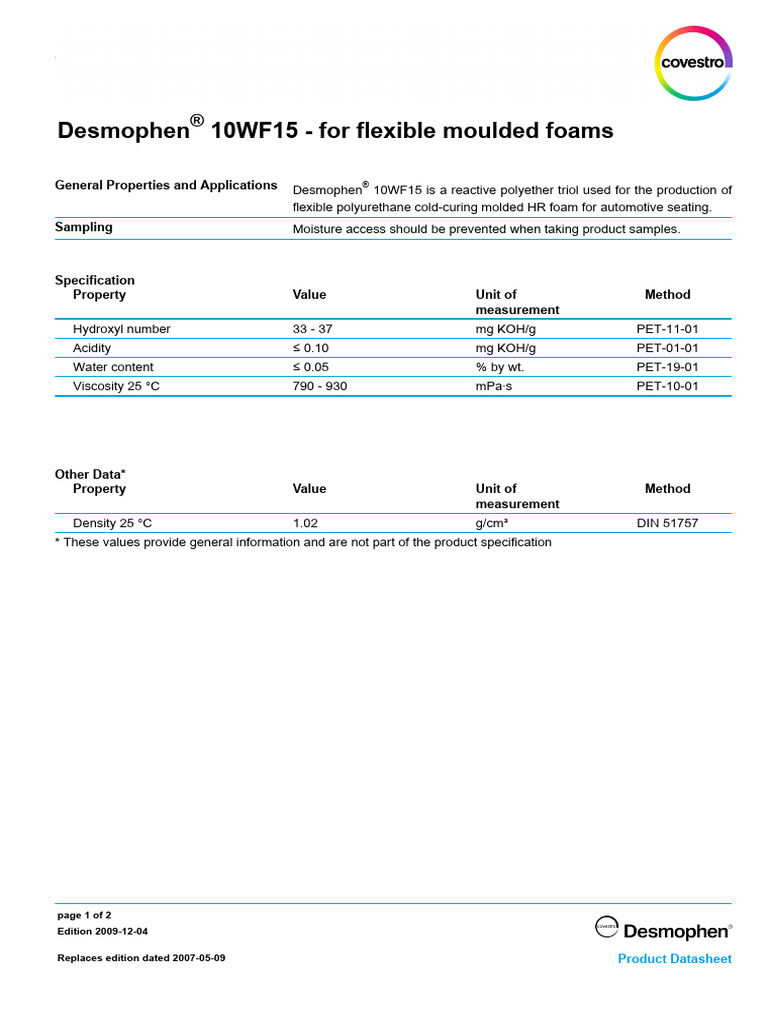 Desmophen 10WF15 For Flexible Moulded Foams - en - 80117869 05006350 ...