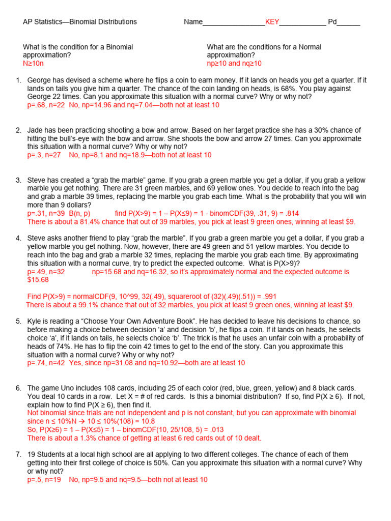 APS U06 6.3 Binomial and Normal Approximation Practice KEY | Download ...