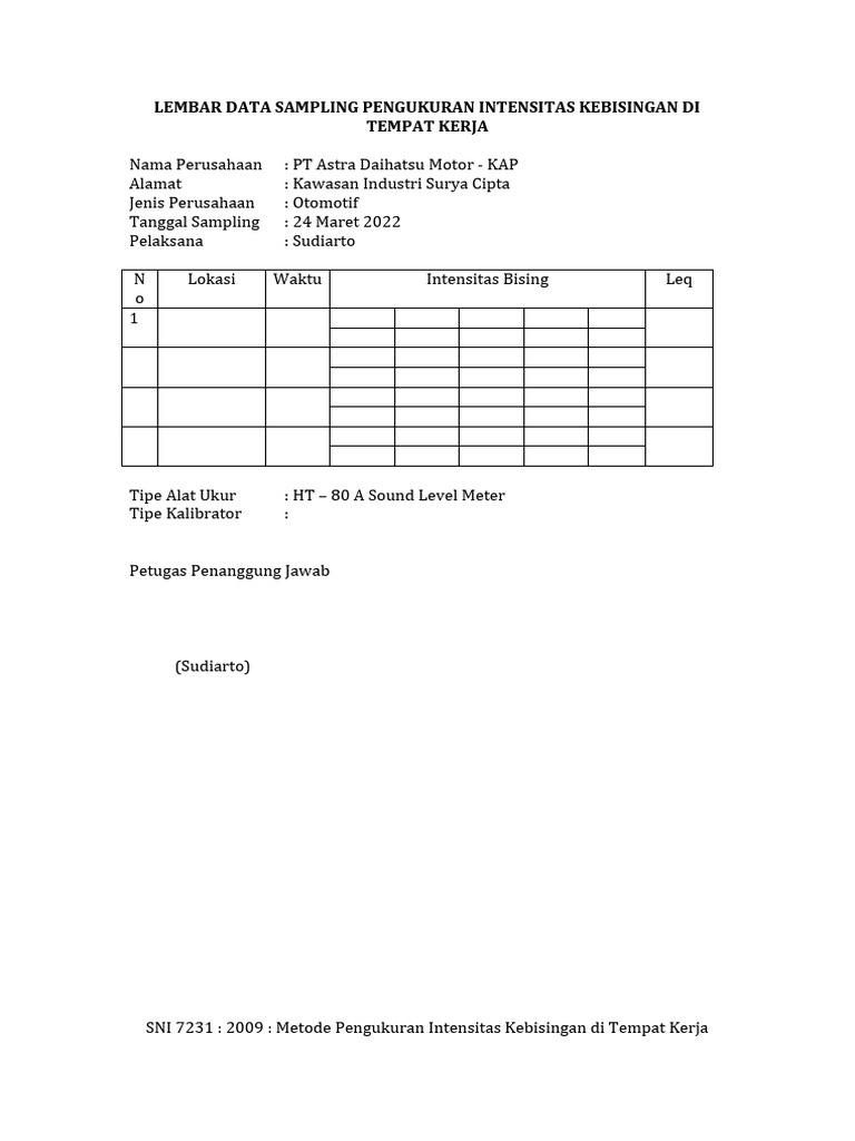 Lembar Data Sampling Pengukuran Intensitas Kebisingan Ditempat Kerja | PDF