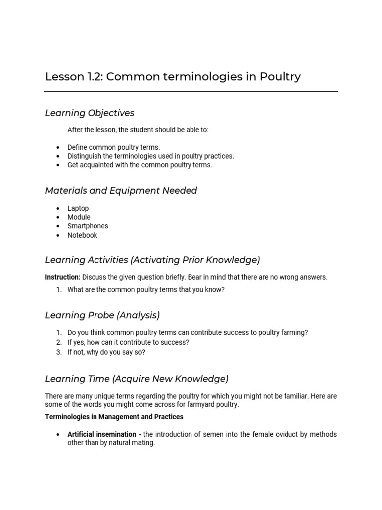 Lesson 1.2 Common poultry terms | PDF | Chicken | Poultry