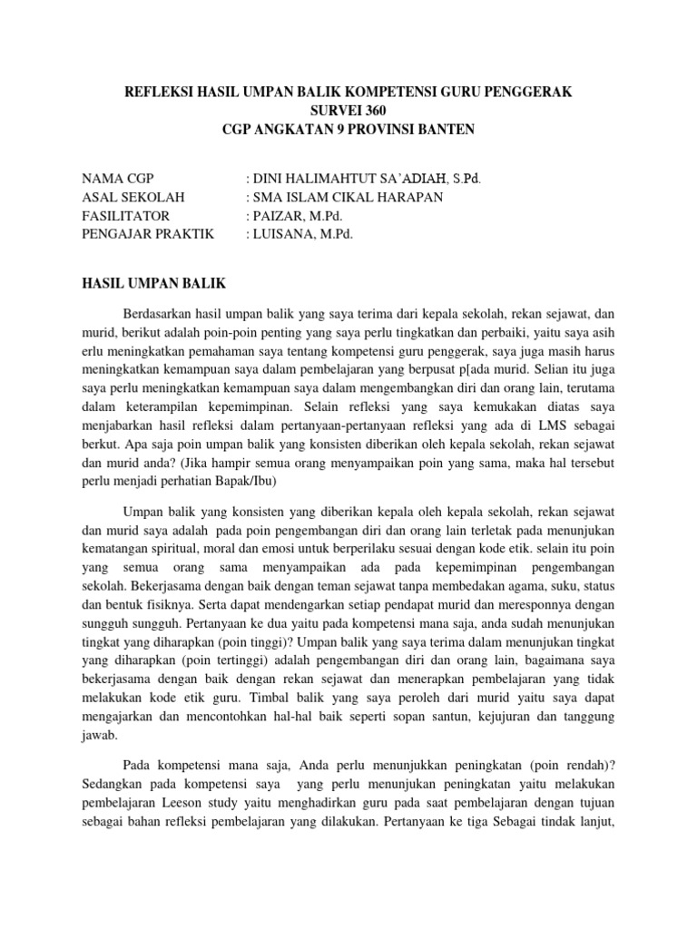 REFLEKSI HASIL UMPAN BALIK KOMPETENSI GURU PENGGERAK Fix | PDF