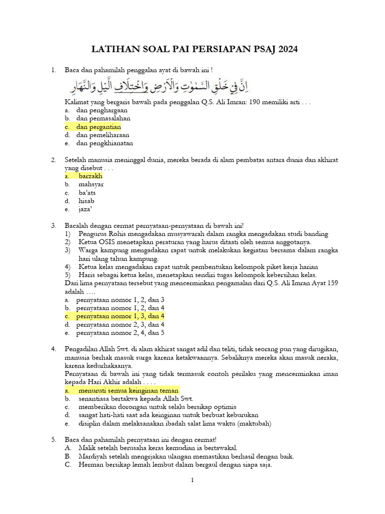 Latihan Soal PSAJ PAI 2024 | PDF