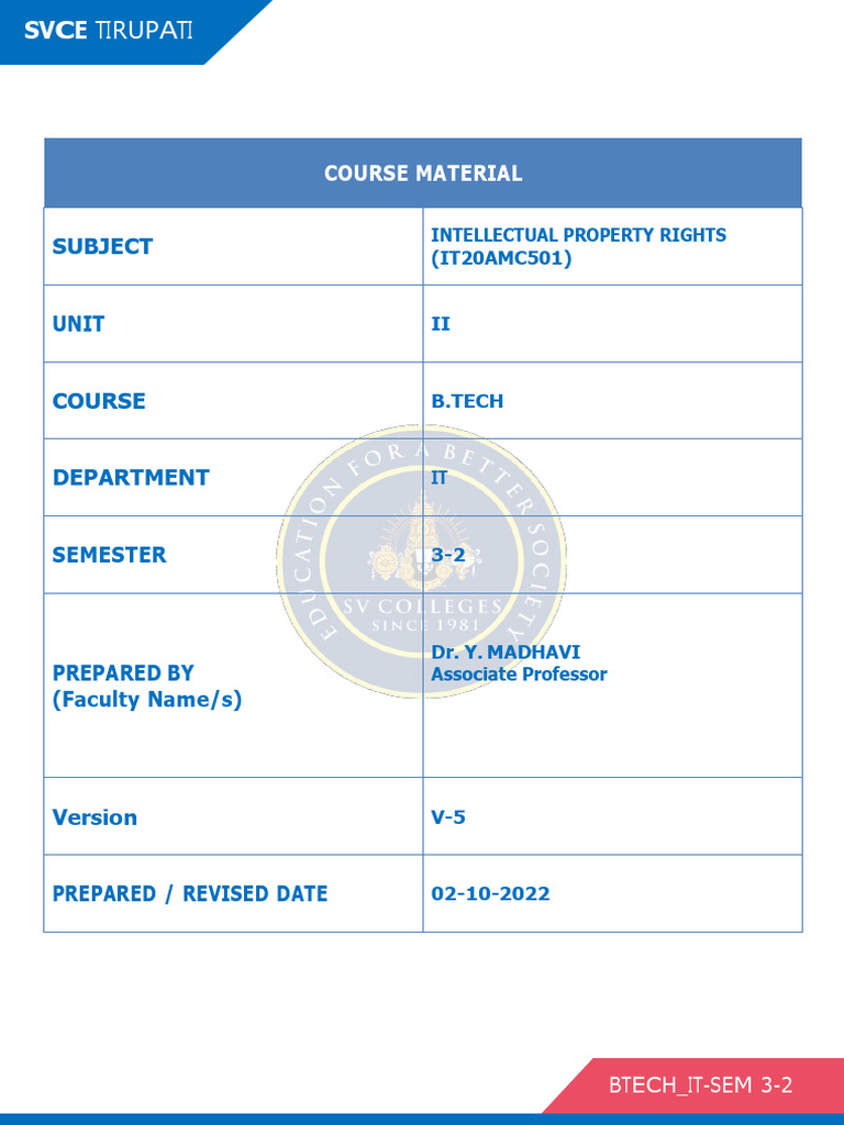 IPR Unit-II Course Material | PDF | Trade Secret | Patent IPR Unit-II Course Material | PDF | Trade Secret | Patent