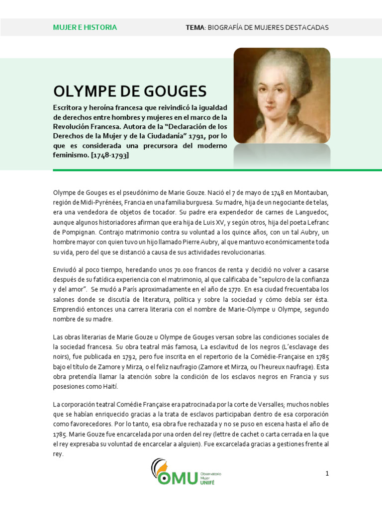 Olympe de Gouges: Pionera del Feminismo | PDF | Ilustración francesa ...