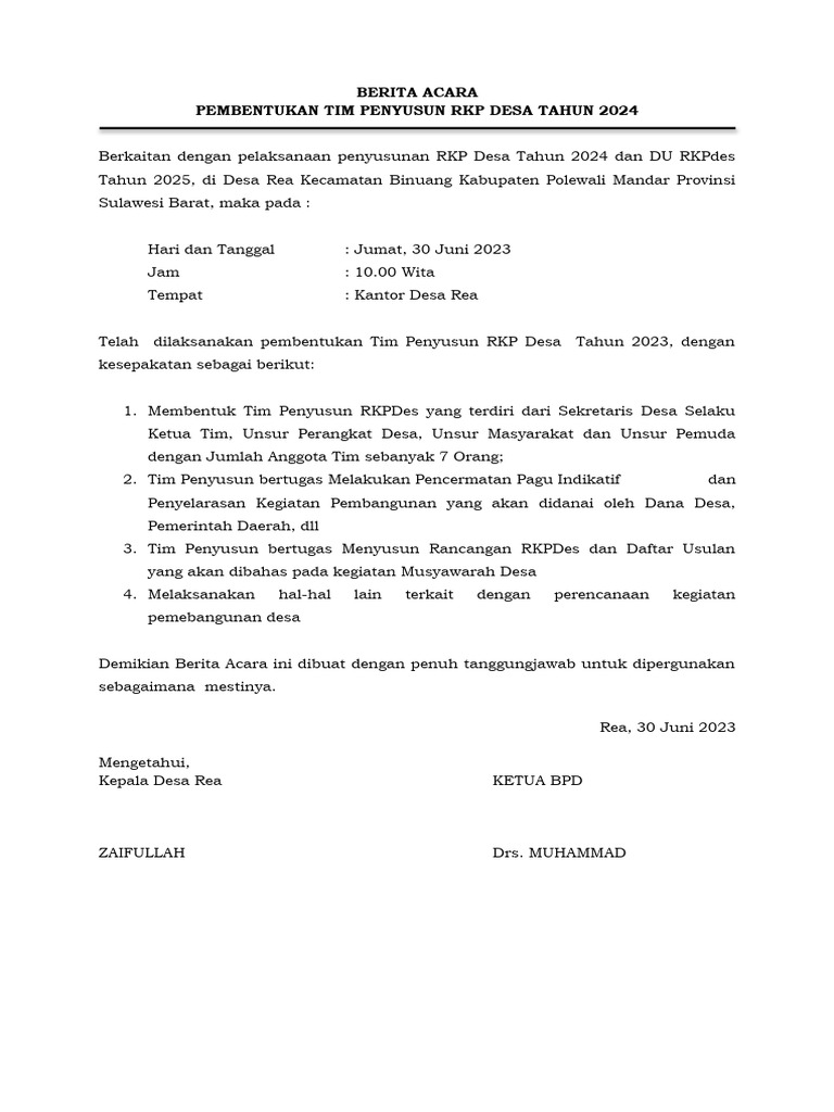 BERITA ACARA PEMBENTUKAN TIM PENYUSUN RKPDES 2024 Dan DU 2025 | PDF | Karier & Perkembangan | Seni