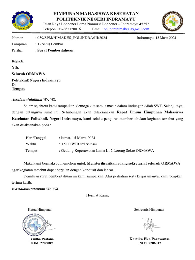 039_Surat Pemberitahuan ORMAWA | PDF